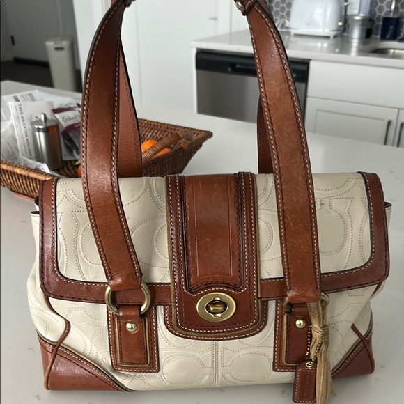 Coach | Bags | Coach Cream And Brown Shoulder Bag With Leather Accents ...